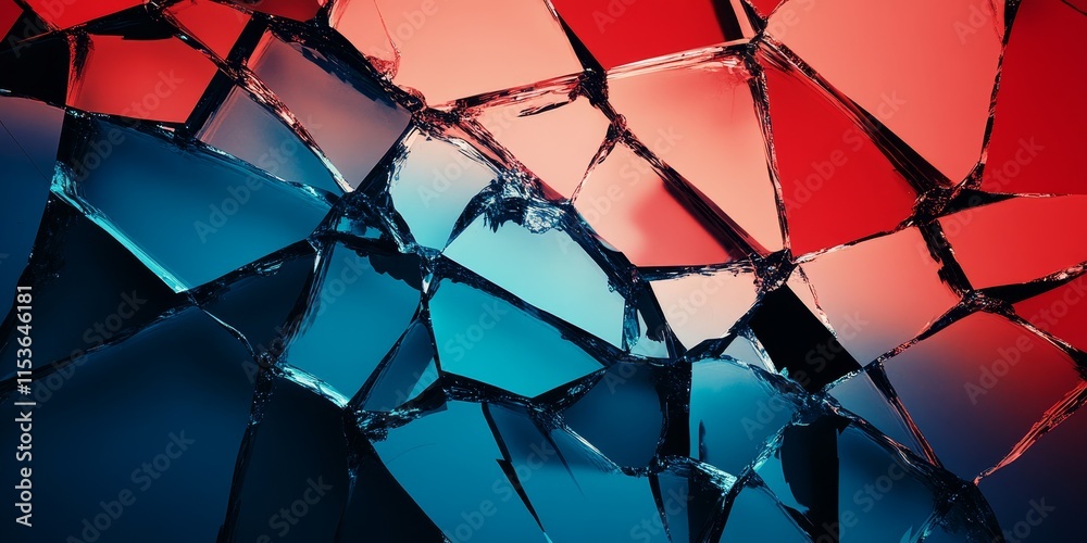 Duotone broken glass background featuring striking red and blue hues ...
