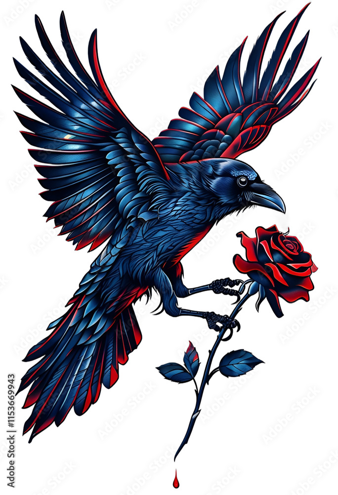 corvo nero con le ali spiegate e una rosa rossa stretta tra gli artigli ...