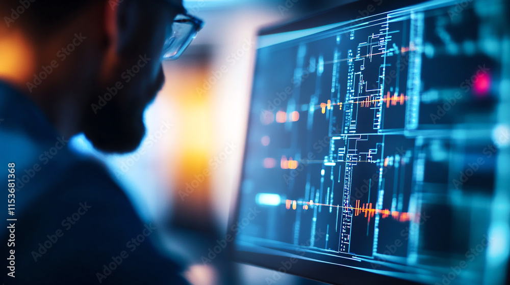Electrical engineer analyzing data on computer screen with software ...