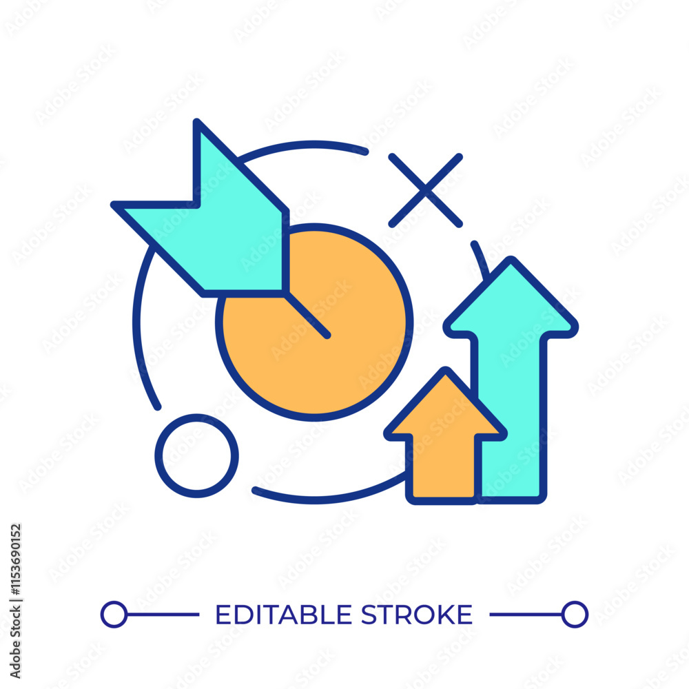 Target with arrow and raising charts RGB color icon. Effective data ...