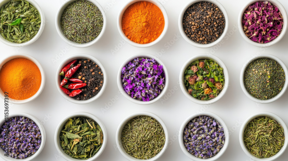 An artistic collection of rare spices and edible flowers, each ...