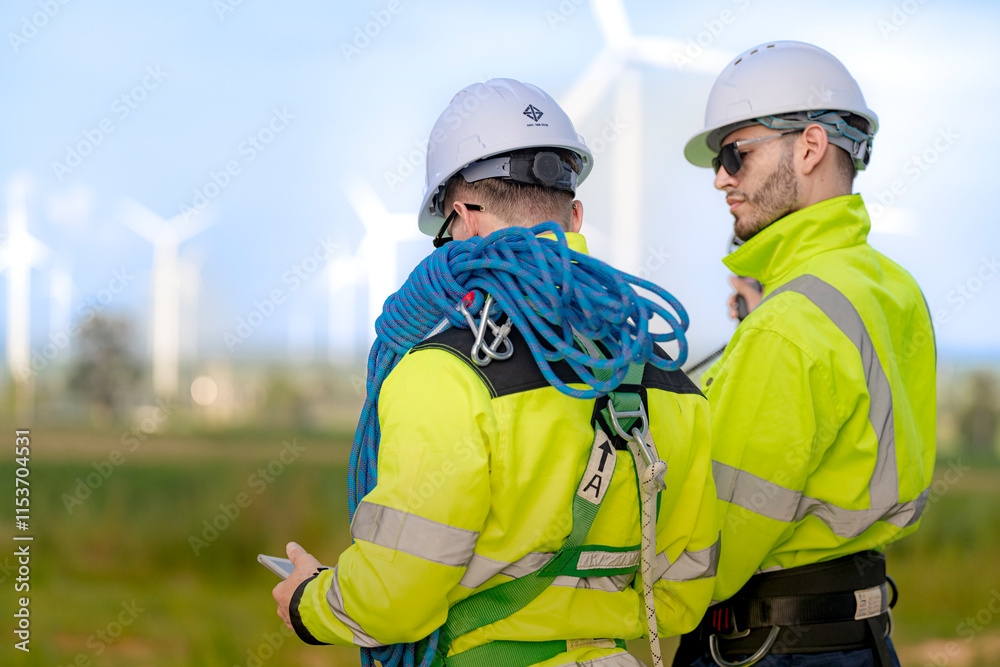 Two engineers in high visibility jackets are inspecting a wind farm ...