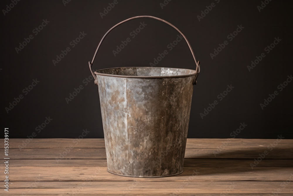 Rustic metal milk pail with a weathered finish and handle, positioned ...