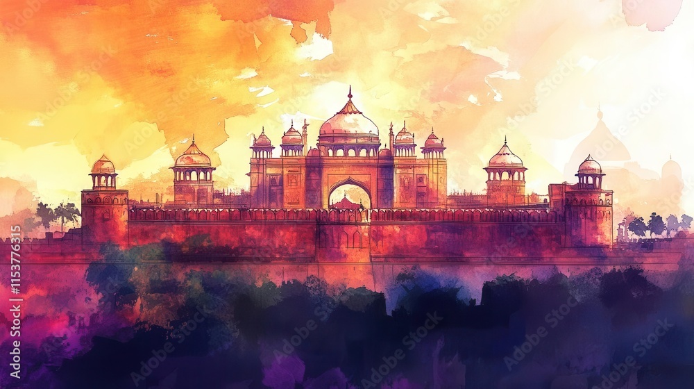 detailed architectural watercolor illustration of historic red fort ...