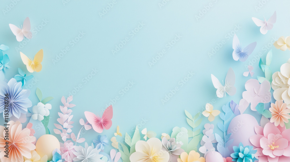 Delicate kirigami easter background with pastel flowers and butterflies ...