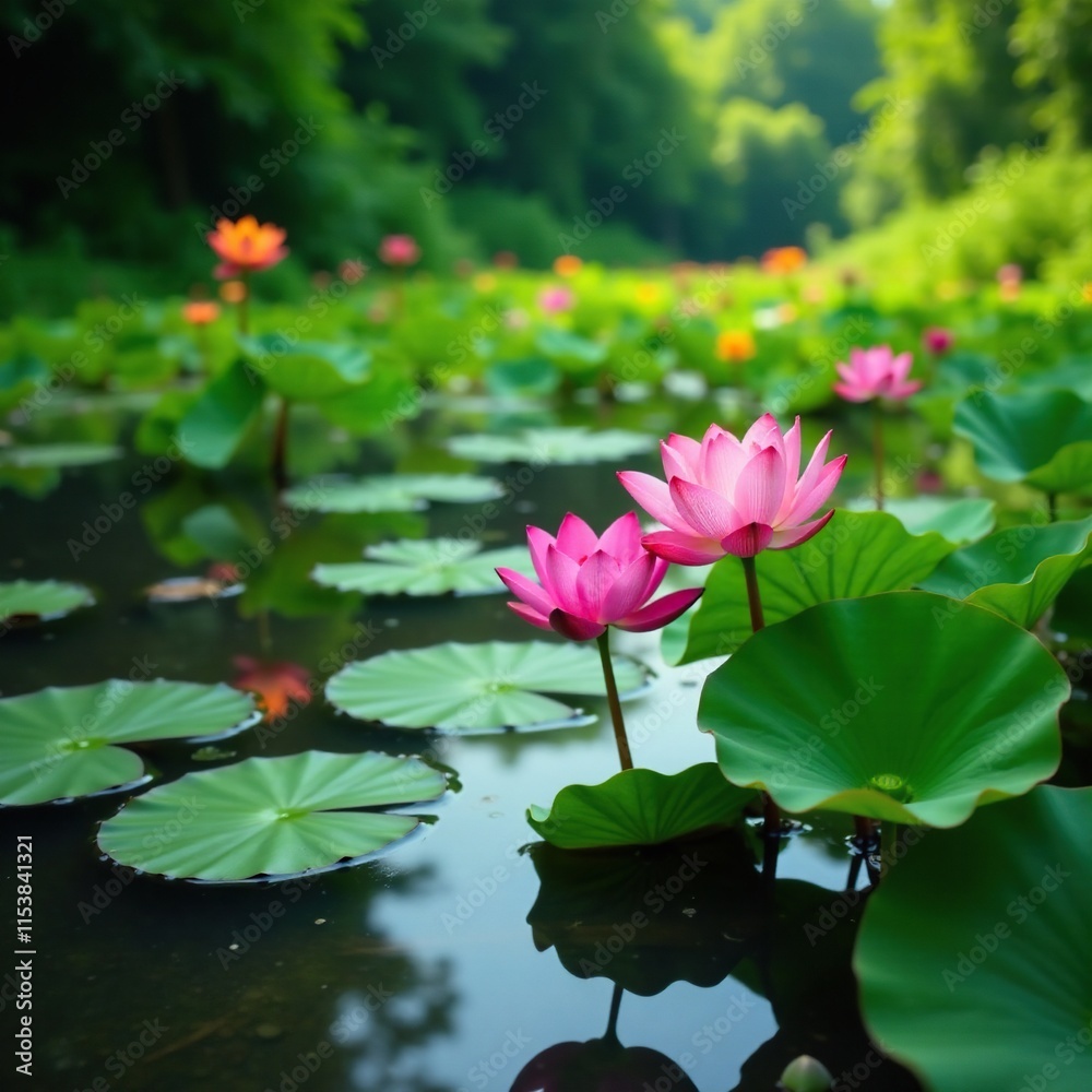 Lotus flowers blooming in the murky waters of a river, aquatic life ...
