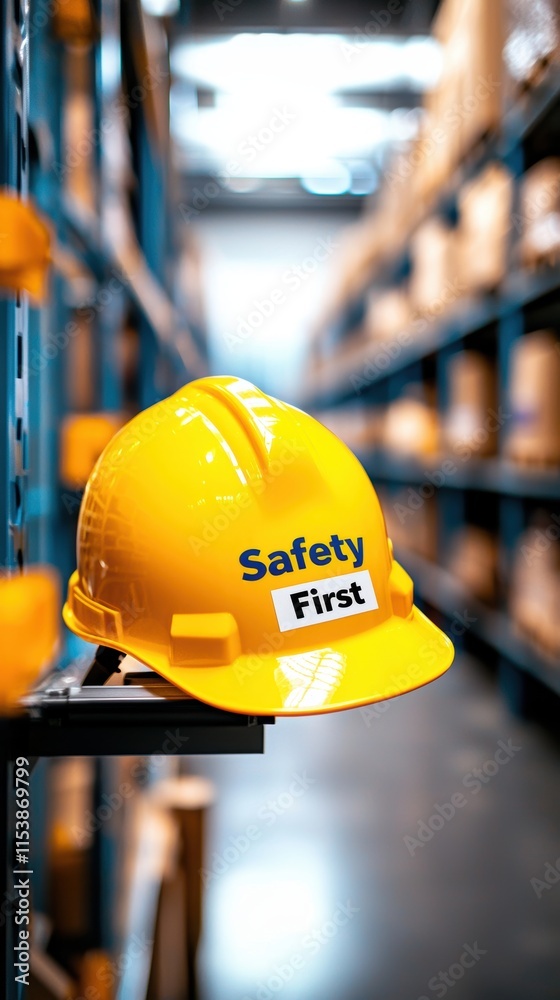 Warehouse aisle safety concept. A bright yellow hard hat labeled ...