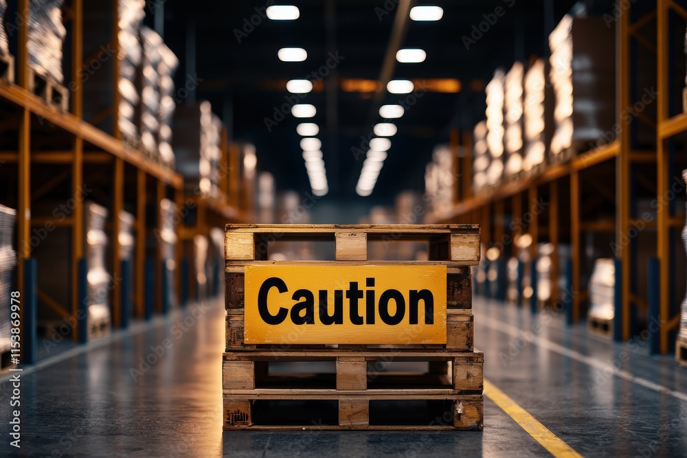 Warehouse aisle safety concept. A wooden pallet with a yellow "Caution ...