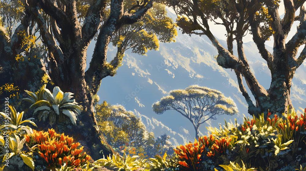 Trees with senecio foliage, lobelias, and everlastings in the rwenzori ...