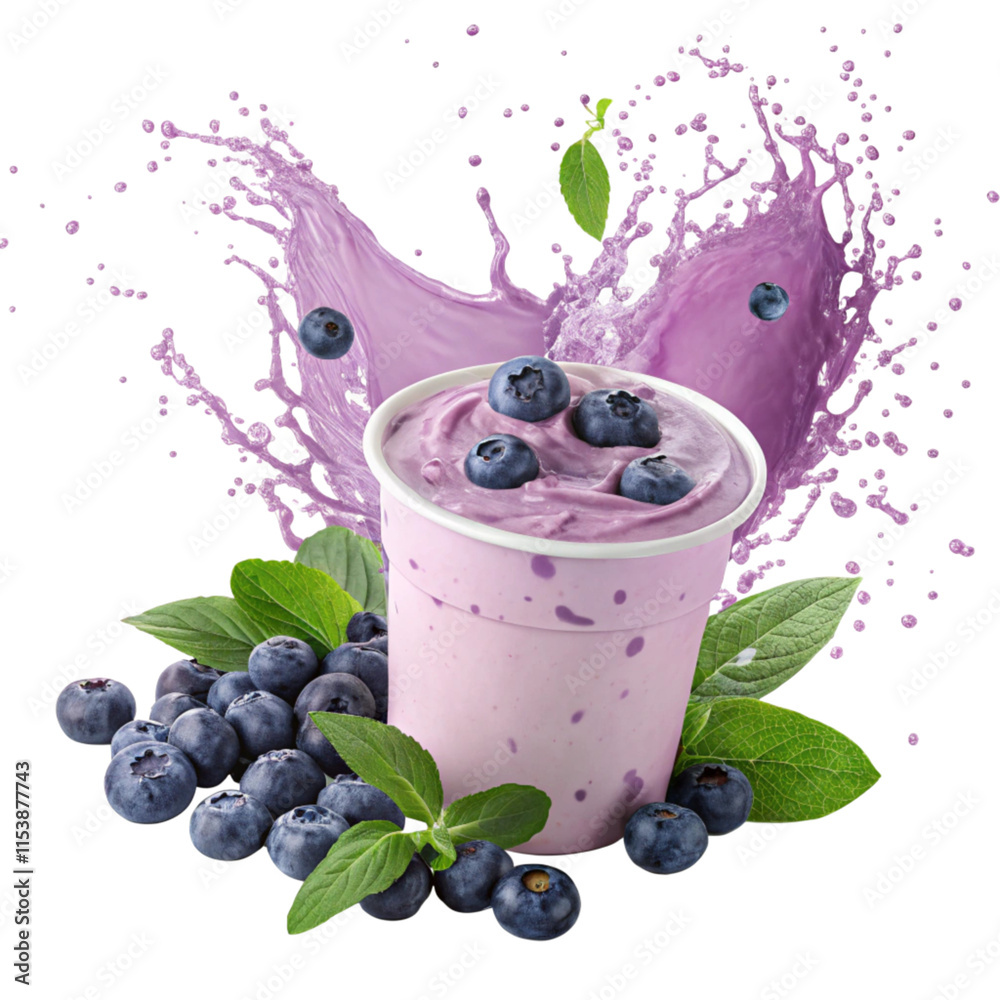 delicious blueberry smoothies frappe with juice splash and swirling ...