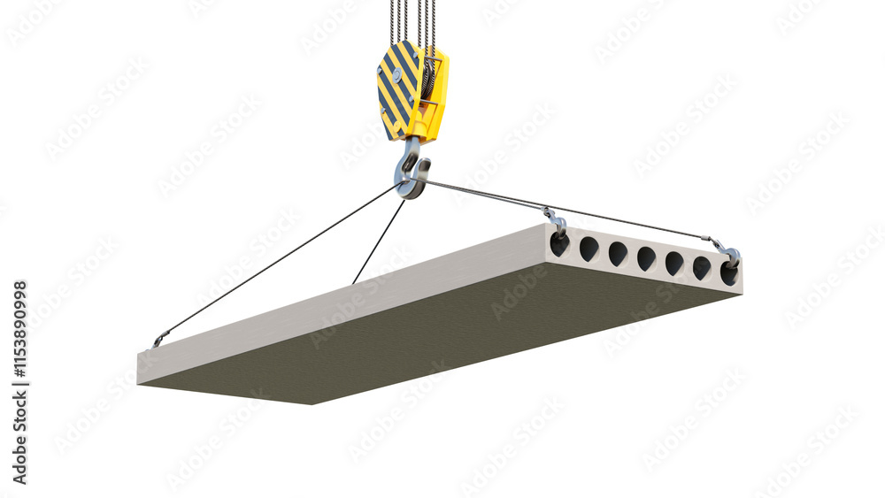 Concrete slab on construction crane hook. Lifting heavy loads during ...