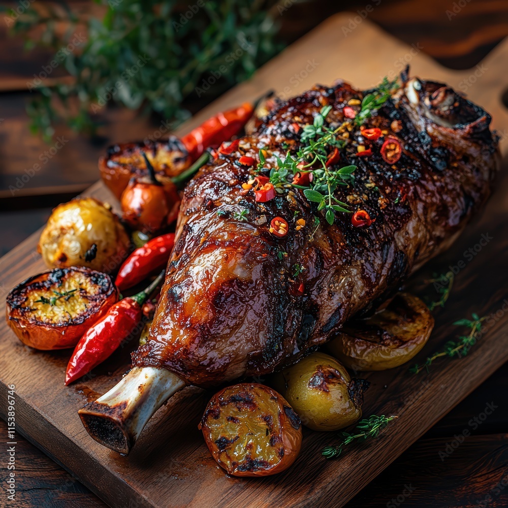 barbecue lamb leg perfectly charred with a smoky crust served with ...