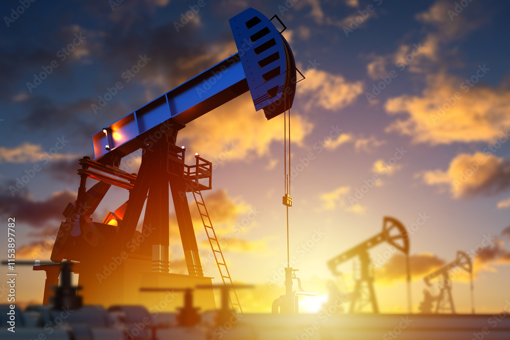 Foto de Stock Oil field at sunset. Oil rigs under evening sky ...