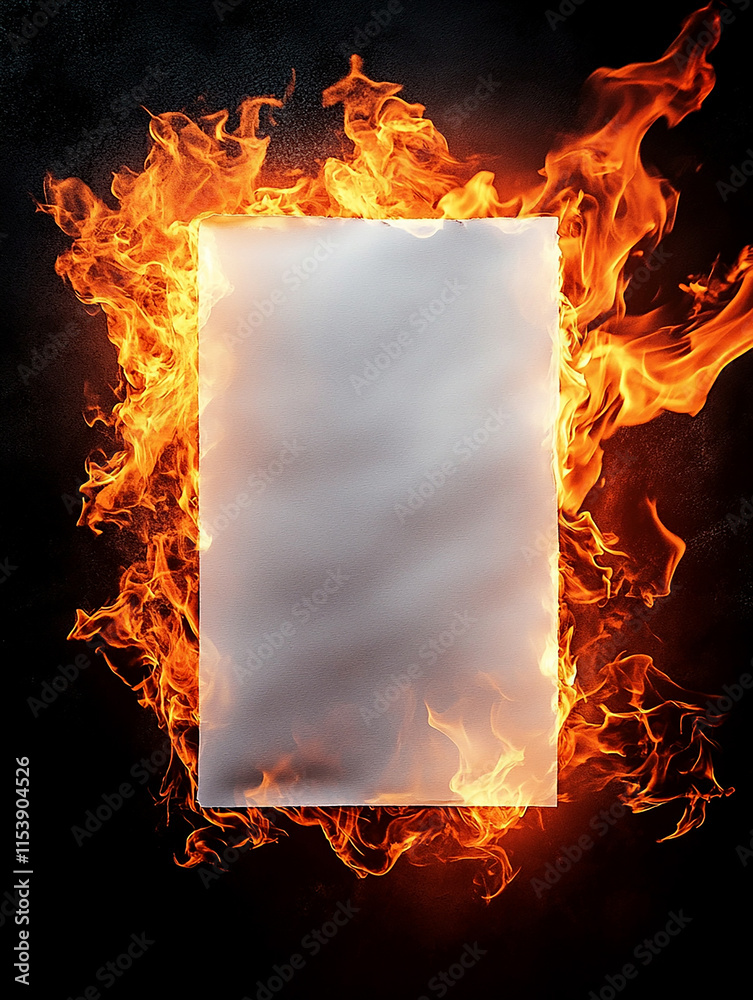 Fire Surrounds a Blank Sheet Suspended in Mid-Air Creating a Striking ...