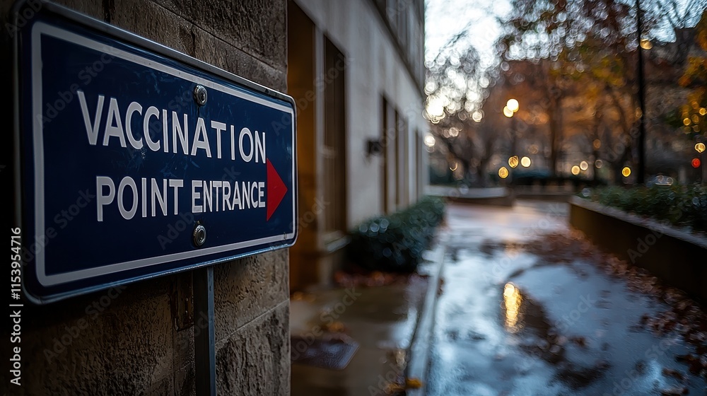Vaccination point entrance sign on a rainy evening, indicating health ...