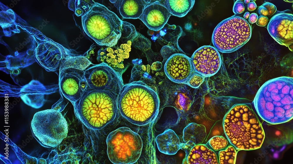 Mesenchymal stem cells, illuminated under a microscope, colorful ...