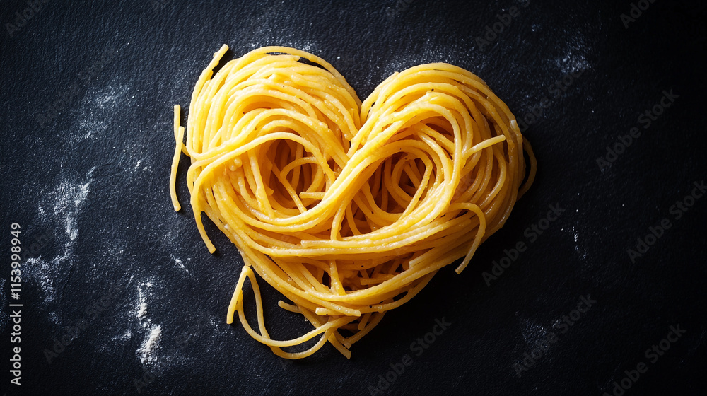 Spaghetti shaped in a heart on a dark surface inspires love for pasta ...
