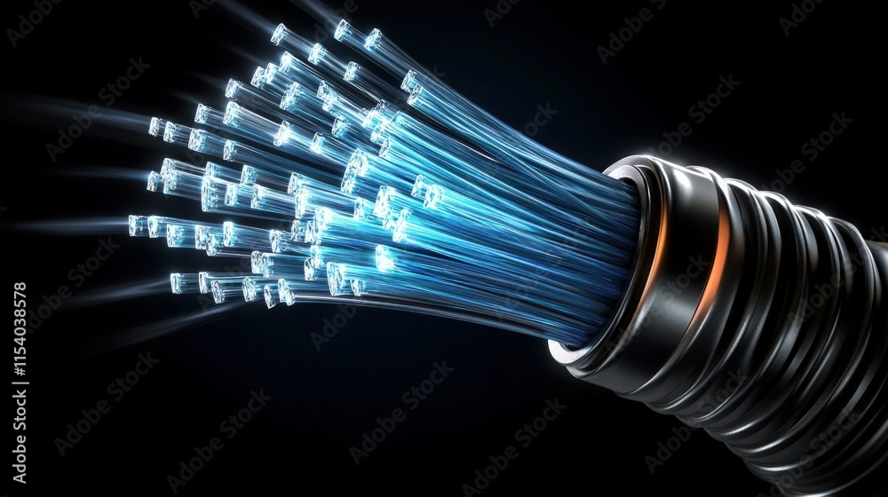 High-resolution image of fiber optic strands transmitting light Stock ...