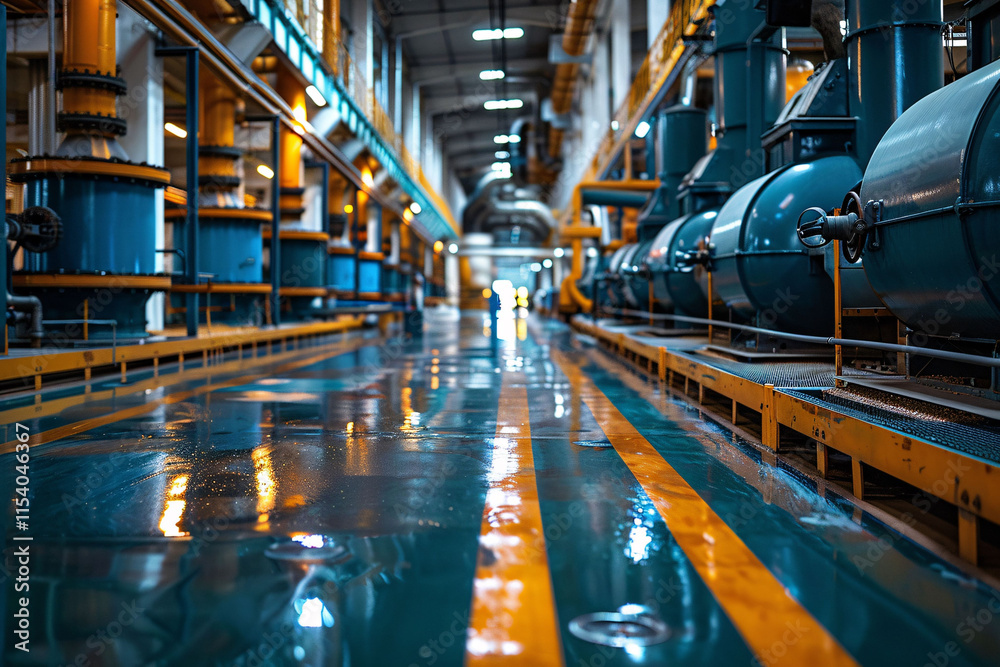 The facility showcases a long aisle filled with large machinery ...
