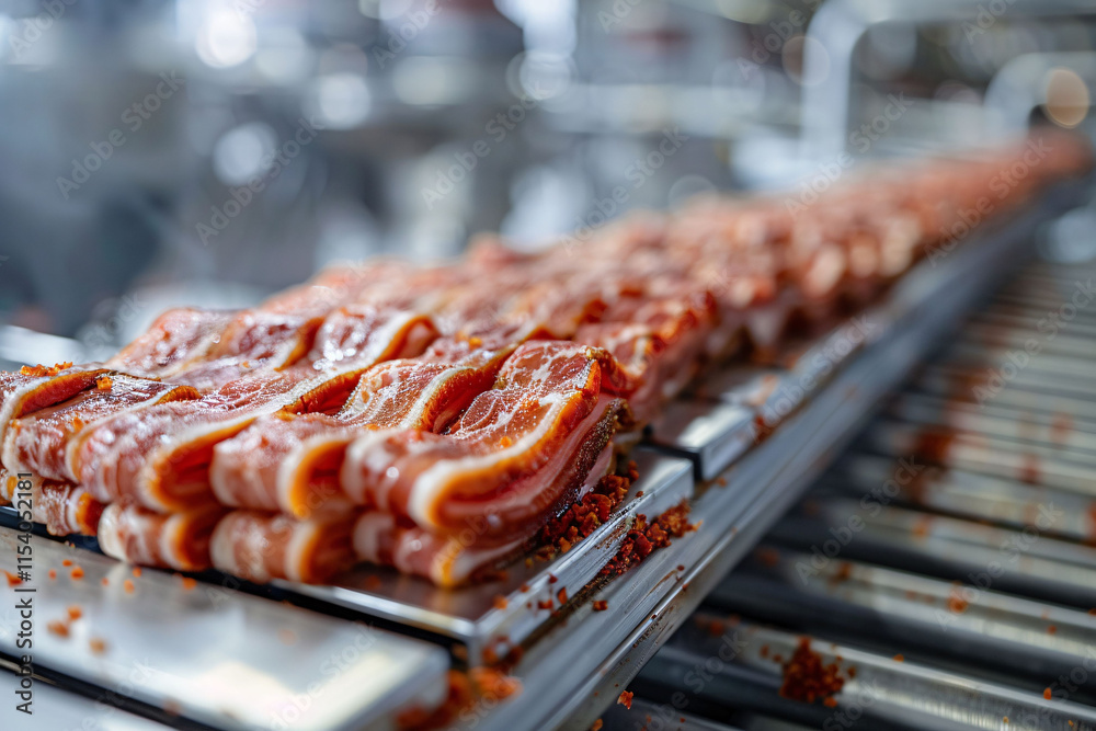 Freshly sliced bacon is lined up on a conveyor belt in a food ...