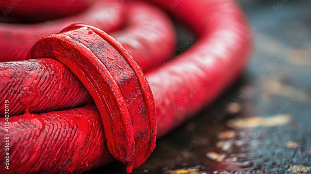 Close-up of a coiled red fire hose on a wet surface highlighting ...
