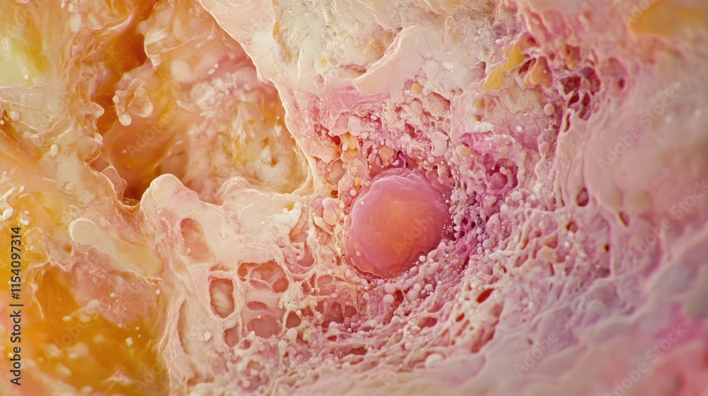 Microscopic view of ovarian cyst displaying skin structures, fatty ...