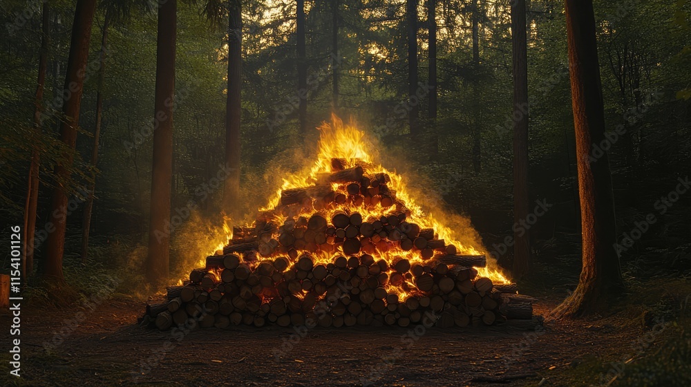 Pine logs stacked in a pyramid shape for traditional ritual fire ...