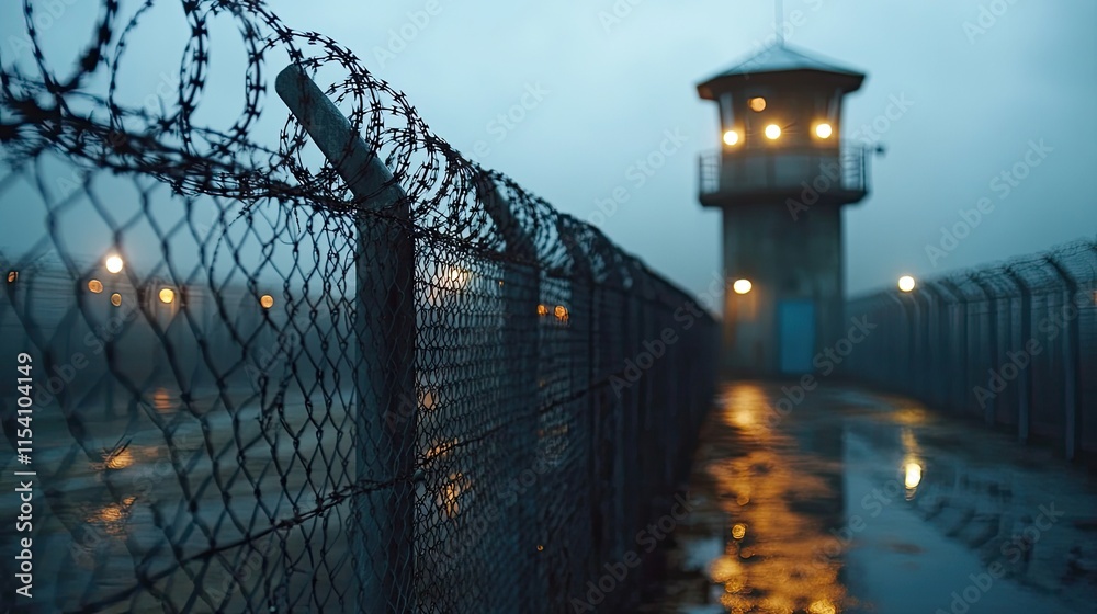Guard tower in prison and barbed wire fence on jail border. with copy ...