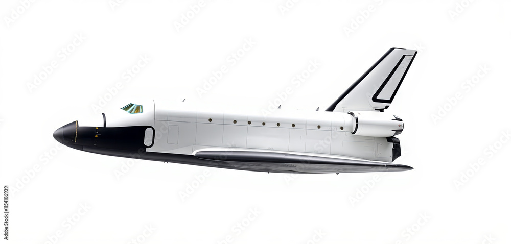 A detailed model of a space shuttle is shown in a horizontal position ...