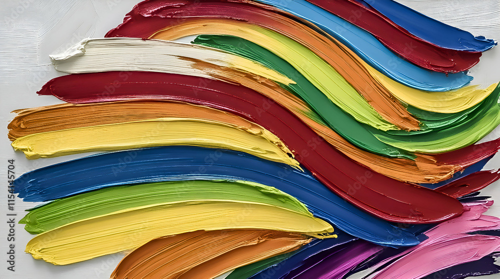 Freeform brush strokes in a spectrum of rainbow colors layered to ...