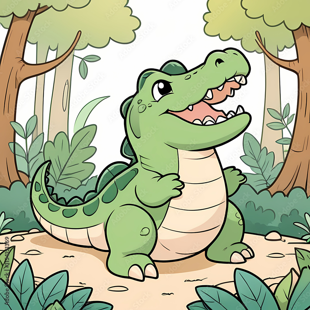 Cute kawaii alligator cartoon character on the island background ...