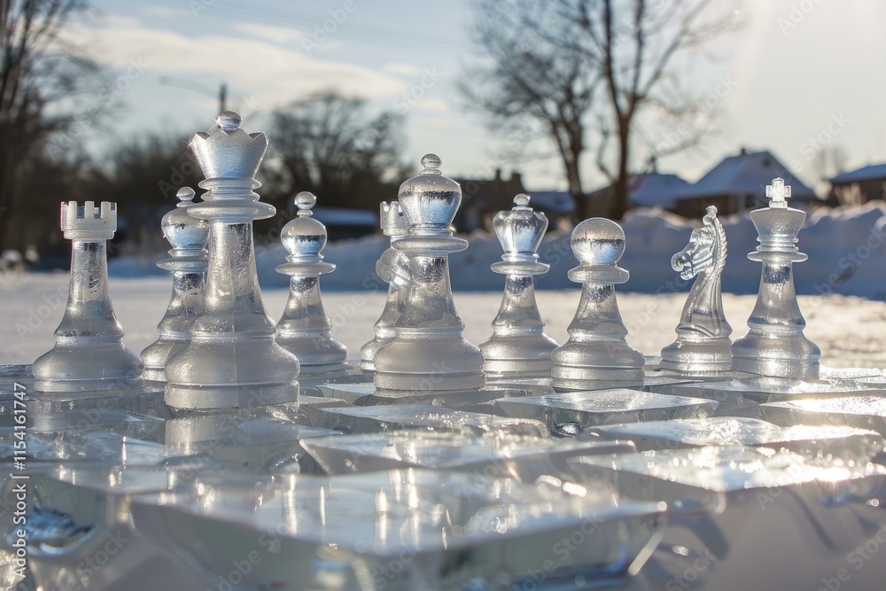Ice chess pieces standing on a frozen chessboard in a beautiful winter ...