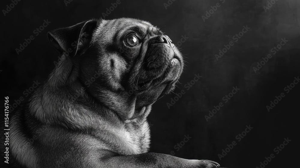 Side profile of an inquisitive pug gazing upward while resting on a ...