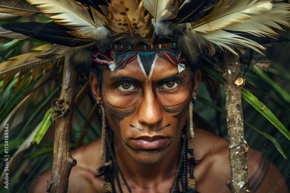 Portrait of an indigenous man with traditional headdress and body paint ...