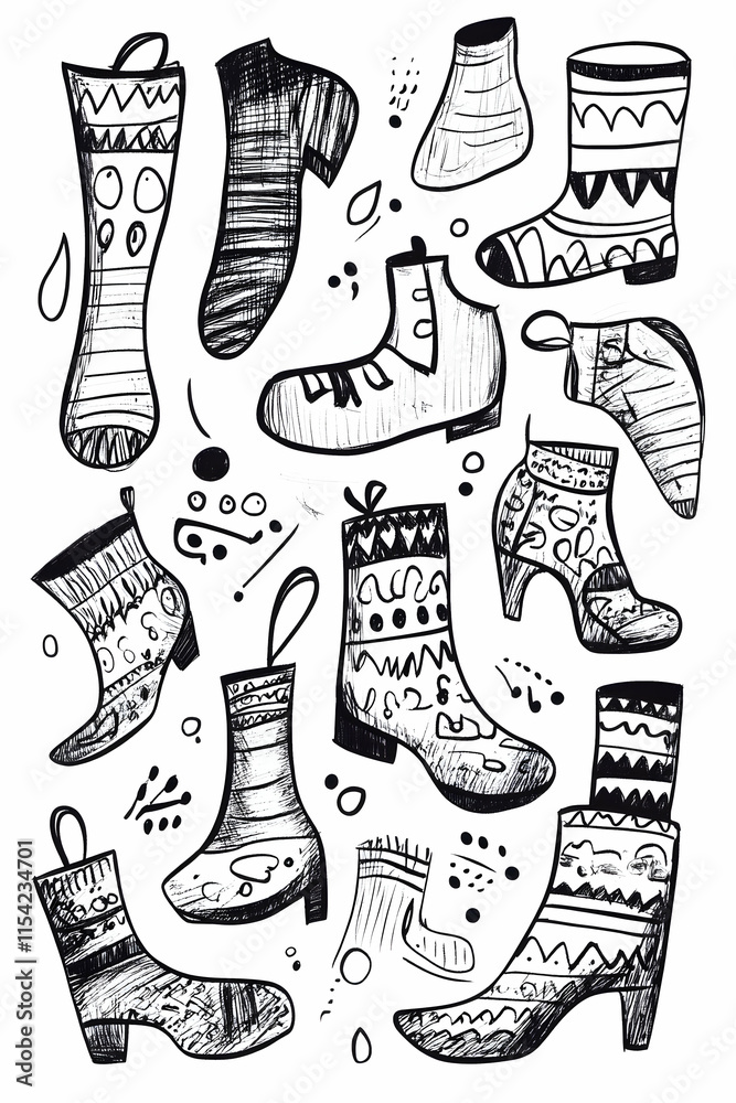Hand-drawn boots collection; diverse styles, patterns; white background ...