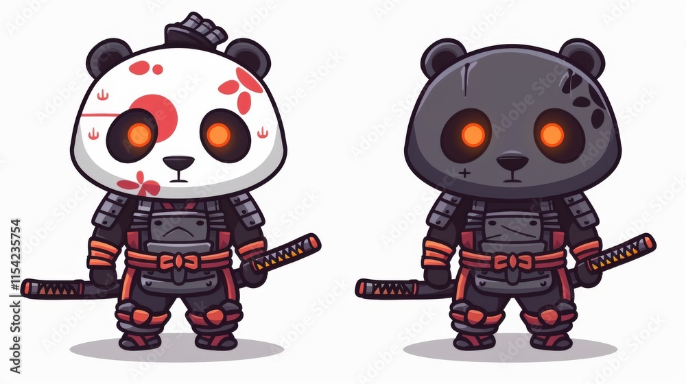 illustraction of techwear chibi panda ninjas robot mecha future ...