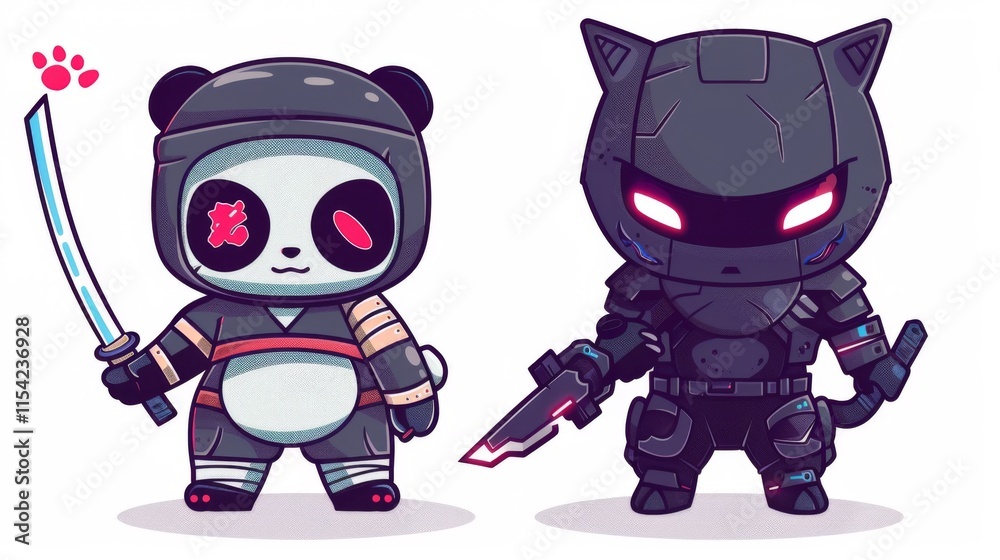 illustraction of techwear chibi panda ninjas robot mecha future ...