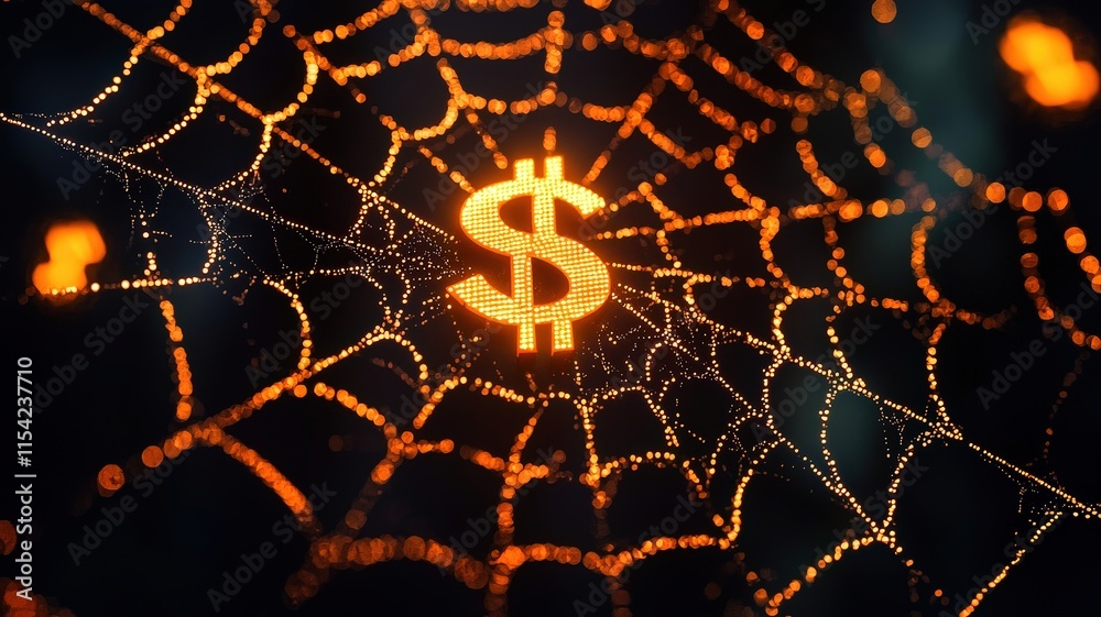 Digital spider web featuring glowing email icons and dollar symbols in ...