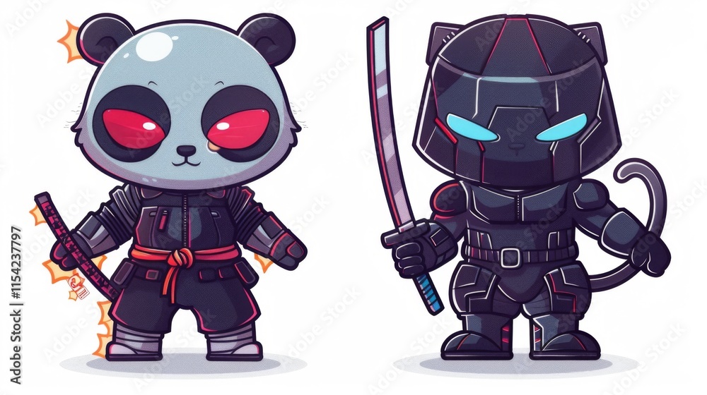 Ilustración de Stock illustraction of techwear chibi panda ninjas robot ...