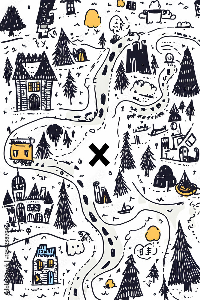 Hand-drawn treasure map showing journey route, destination marked ...