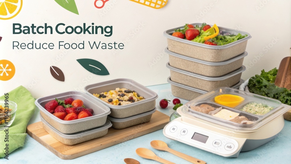 Reusable containers filled with prepped meals highlight batch cooking ...