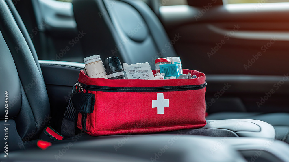 Car emergency travel kit neatly organized inside the trunk of a modern ...