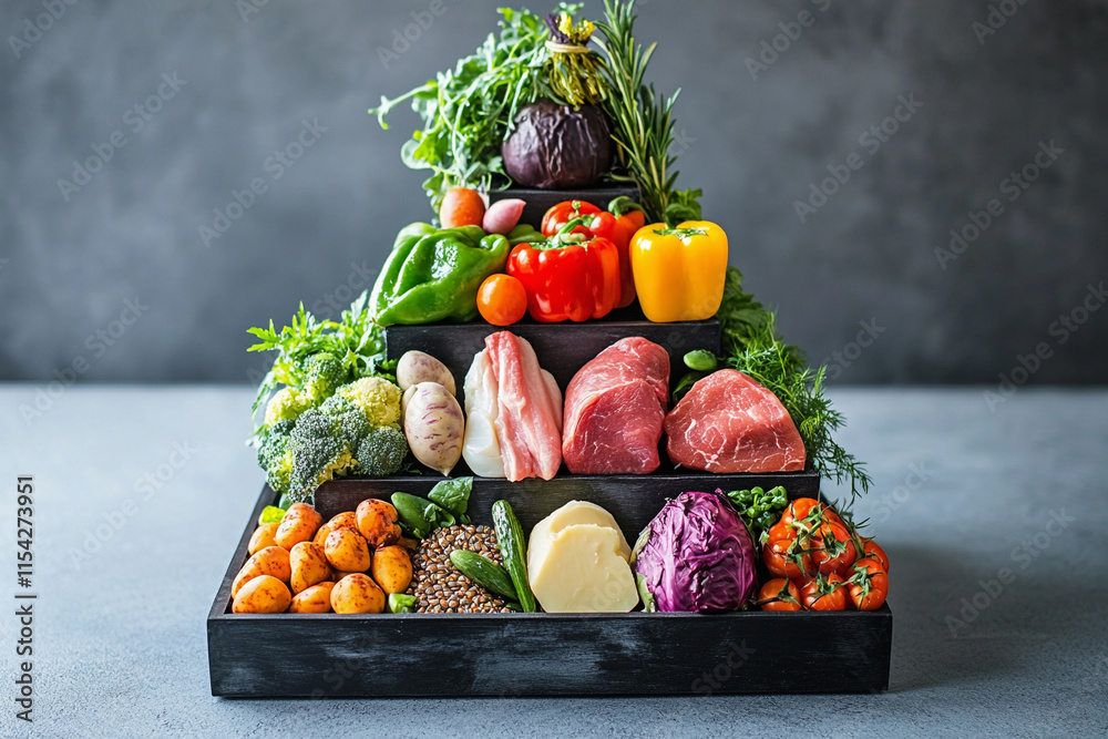 A ketogenic food pyramid with sections of healthy fats, proteins, and ...