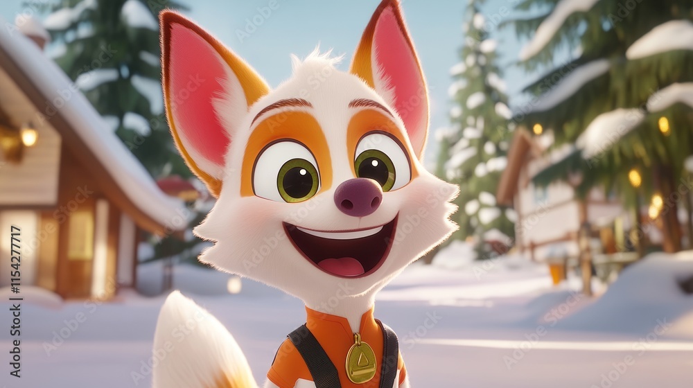 Happy Animated Fox Snowy Winter Village Setting Stock Illustration ...