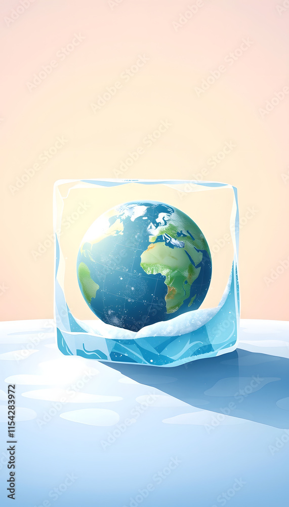 Frozen earth globe inside an ice cube on pastel background with copy ...