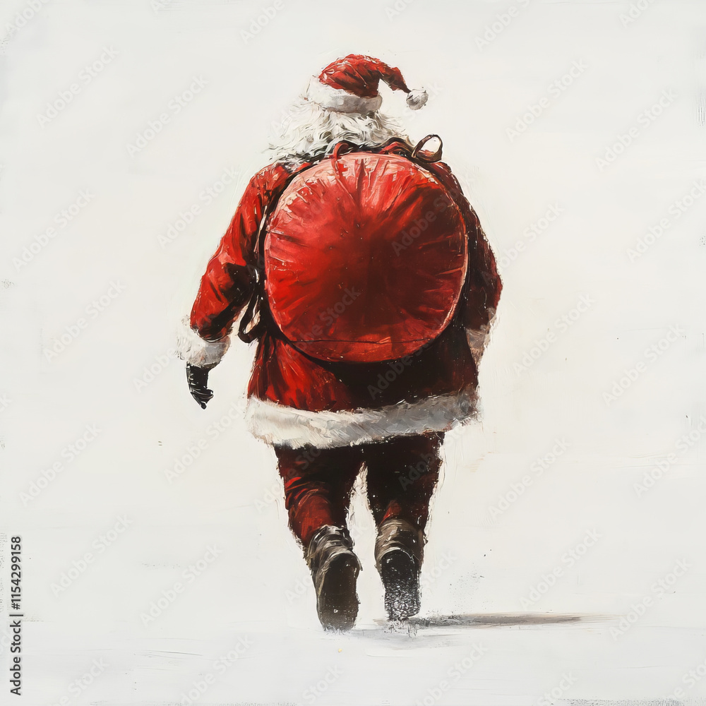 soft oil painting of the back of Santa walking forward, carrying the ...