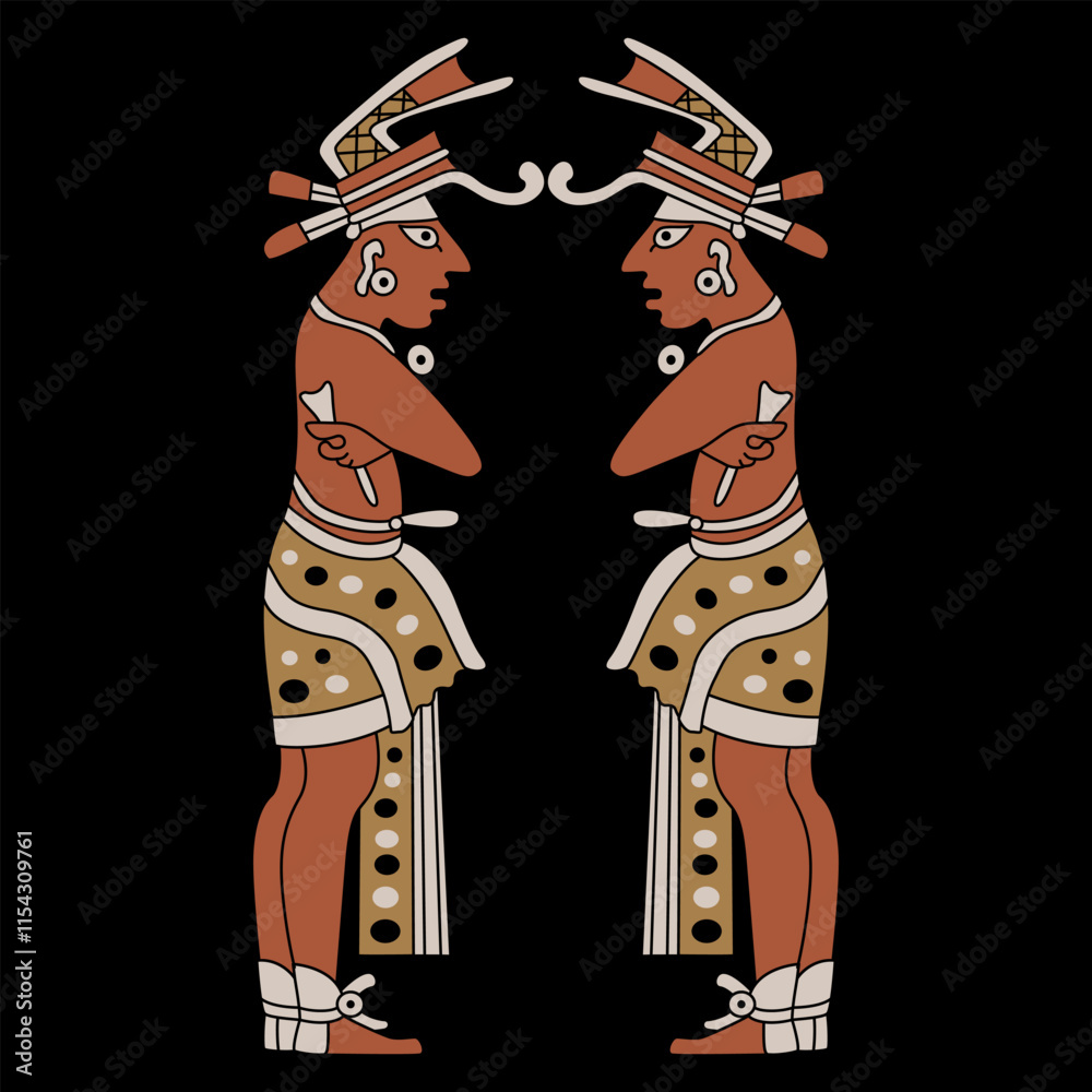 Symmetrical ethnic design with two standing Mayan men. Hero twins ...