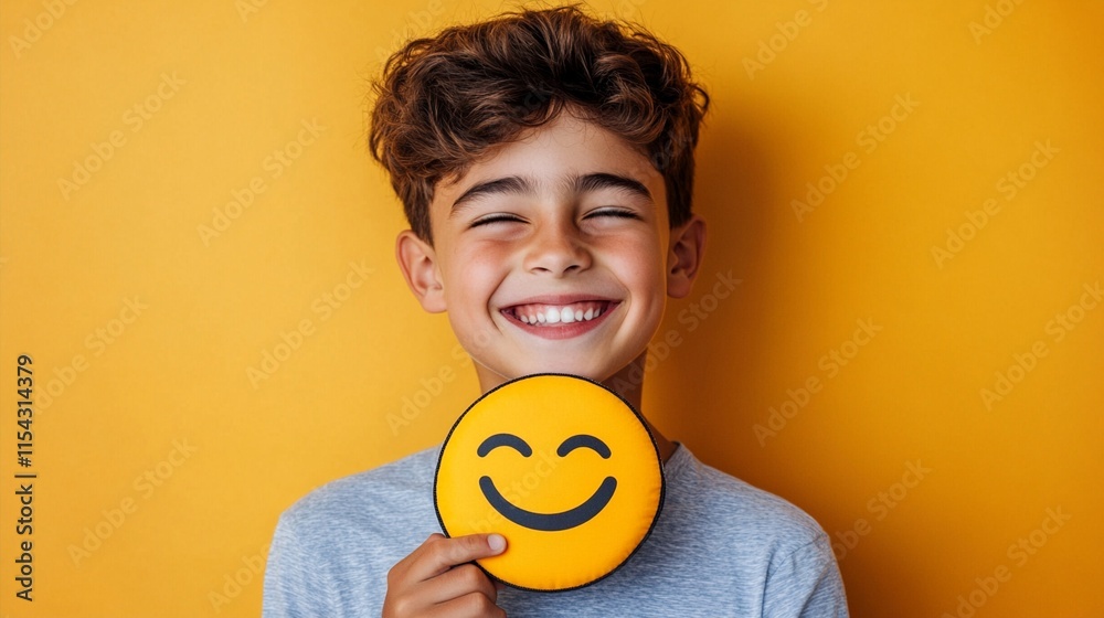 Joyful expression captured against vibrant yellow background, holding ...