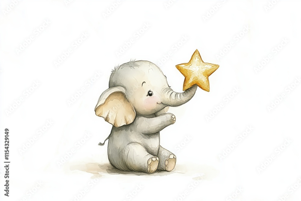 A charming baby elephant hugging a star, sitting on an isolated white ...