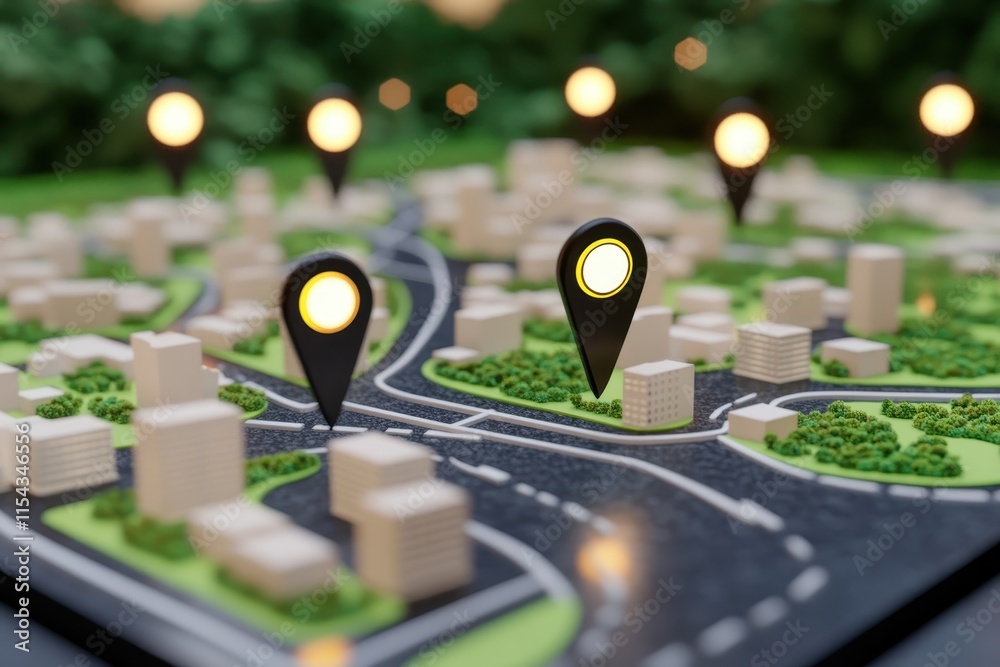 Miniature city map model with glowing location pins, representing ...